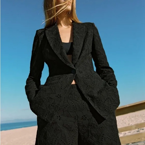 Zara | Jackets & Coats | Zara Embroidered Eyelet Blazer Black Nwt ...